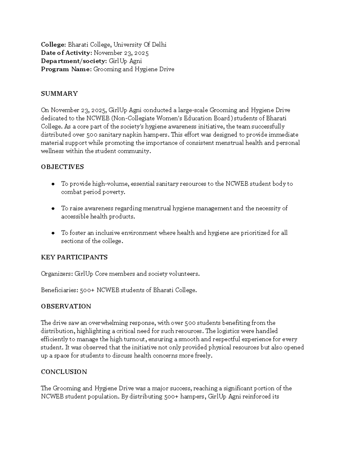 Bharati College NCWEB: Grooming & Hygiene Drive Report - Studocu