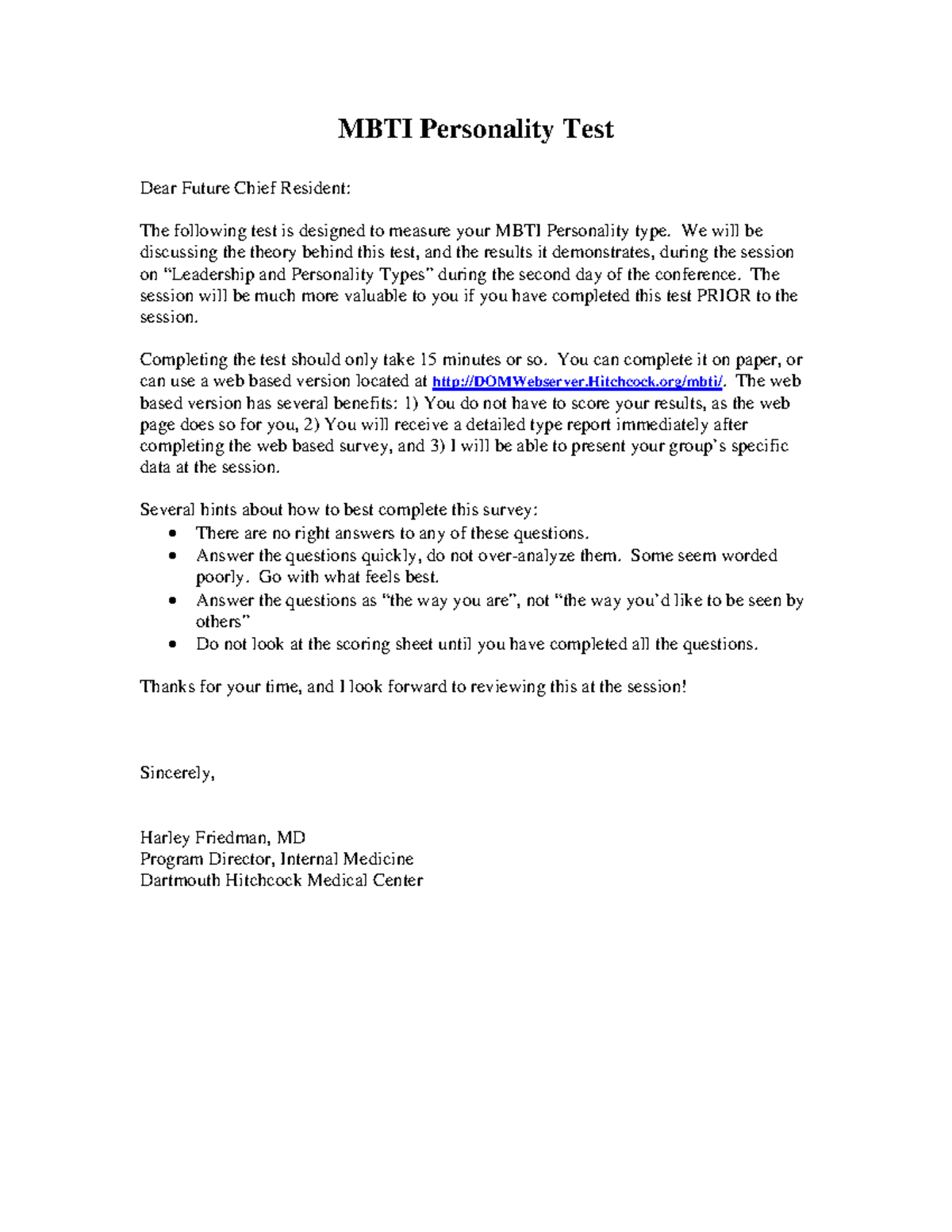 MBTI Personality Type Test for Future Chief Residents - Studocu