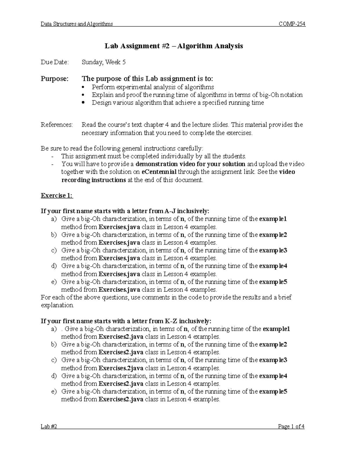 Lab Assignment 2 M21 - Lab Assignment #2 – Algorithm Analysis Due Date: Sunday, Week 5 Purpose ...