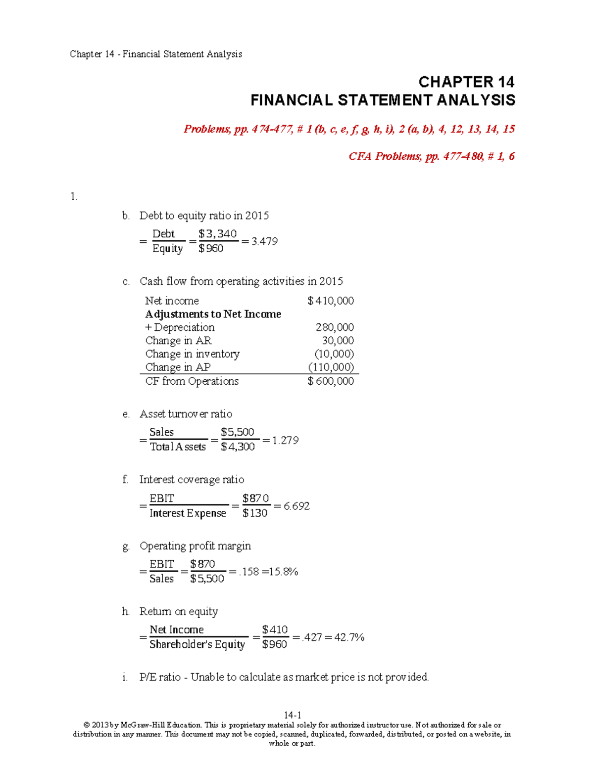Ch. 14 HW Answers - notes - CHAPTER 14 FINANCIAL STATEMENT ANALYSIS ...