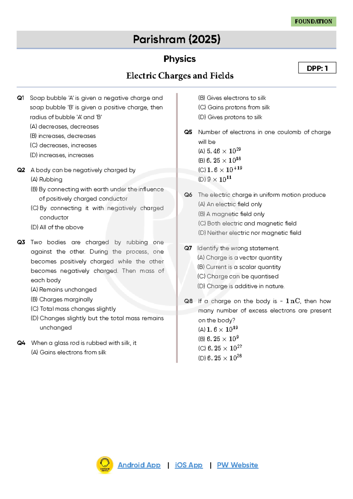 DPP 1 - Summary of Electric Charges and Fields in IoT - Studocu