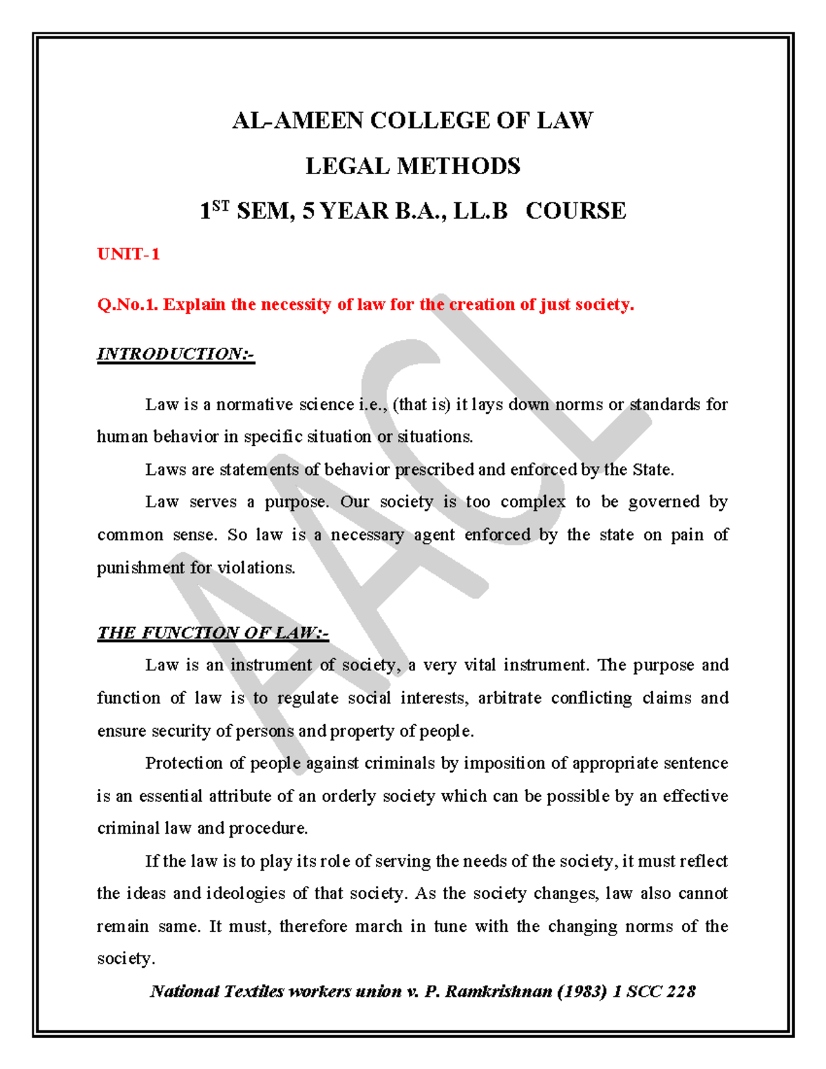 Legal Methods notes - AL-AMEEN COLLEGE OF LAW LEGAL METHODS 1 ST SEM, 5 ...