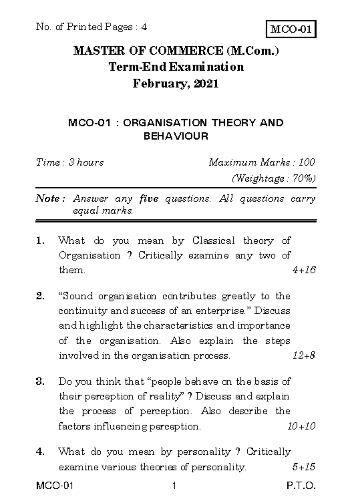MCO-1 - Previous Year Question Paper - MCO-01 1 P.T. MCO- MASTER OF ...
