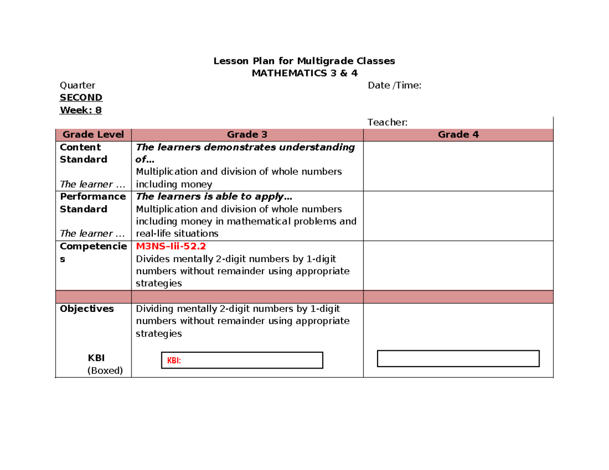3-4-LP - Lesson Plan on Dividing 2-Digit Numbers in Math - Studocu