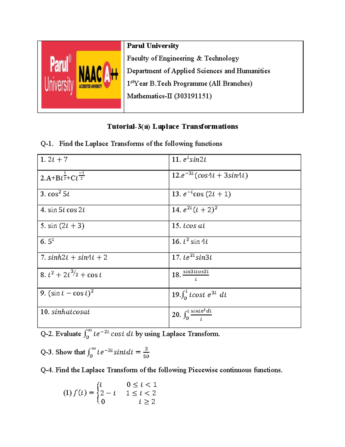 Laplace Transformations Tutorial 303191151 B Tech 1st Year Studocu