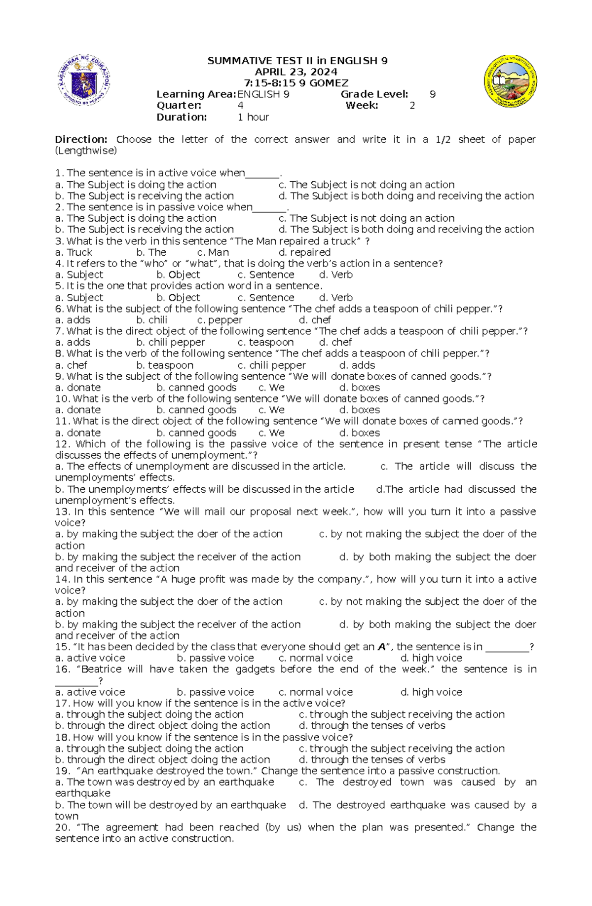Summative-Test-2 - SUMMATIVE TEST II in ENGLISH 9 APRIL 23, 2024 7:15-8 ...