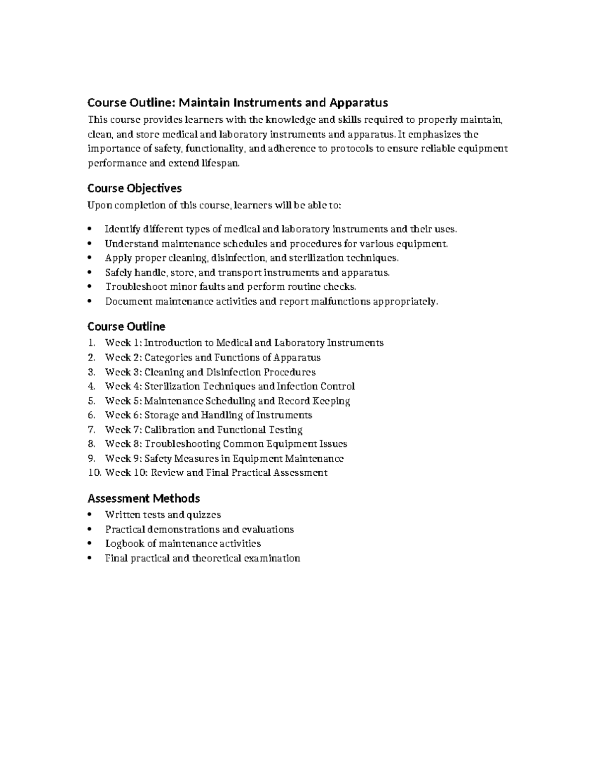 Course Outline: Maintain Instruments & Apparatus (MED 101) - Studocu
