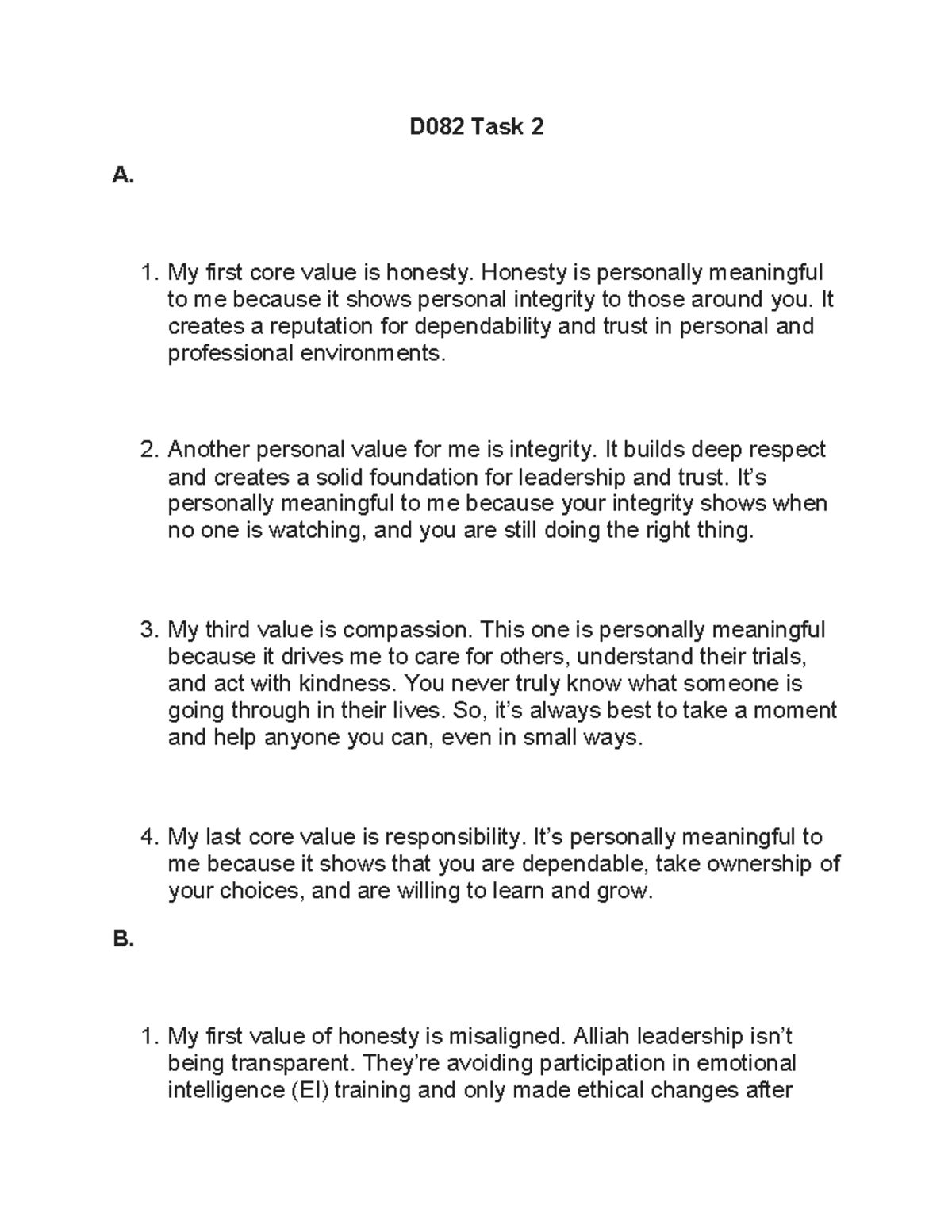 D082 Task 2 - Core Values and Leadership Alignment Analysis - Studocu