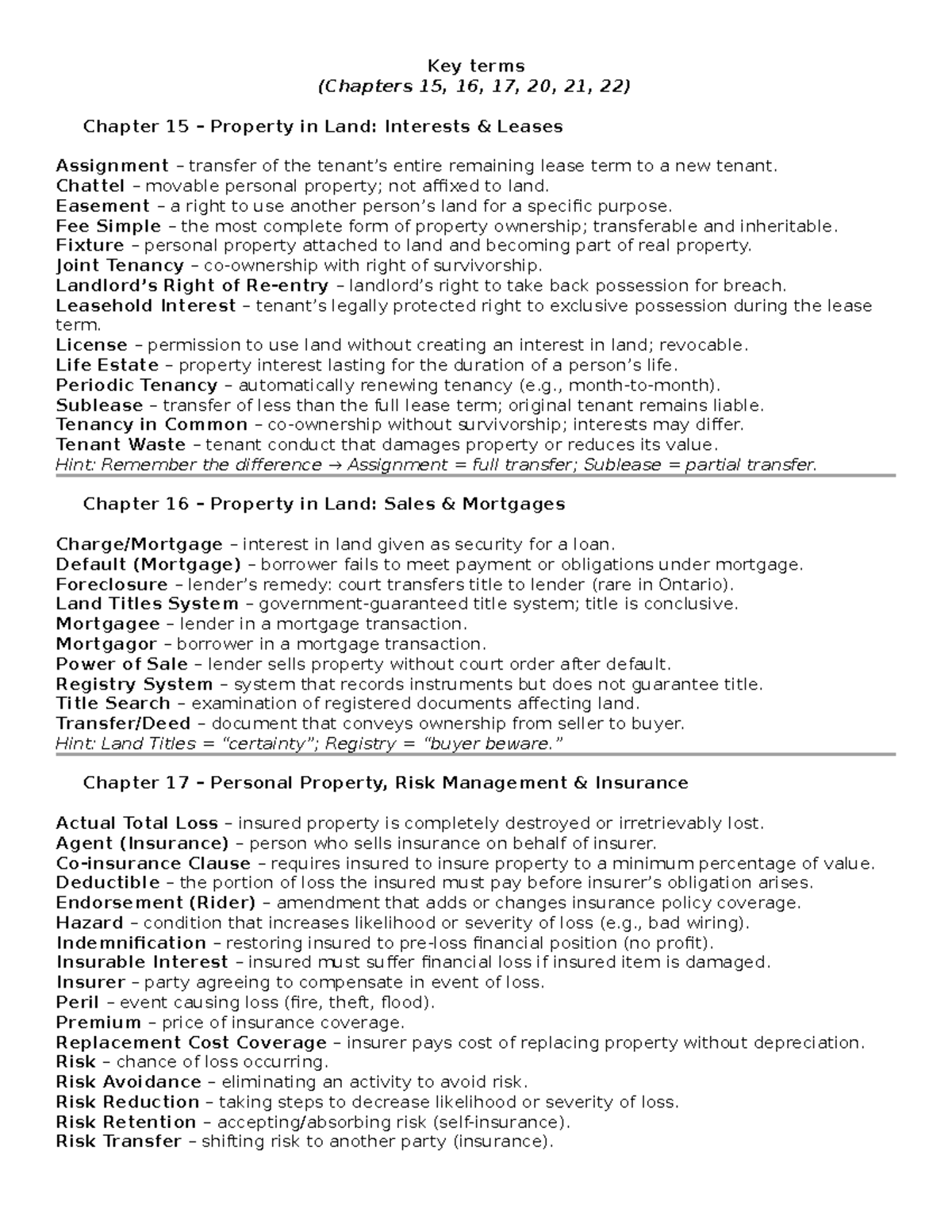 Key Terms for Property Law (Chapters 15-22) - Legal System Overview ...
