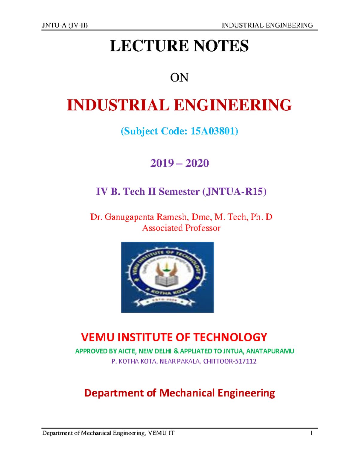Industrial Engineering (15A03801) Lecture Notes & Key Concepts - Studocu