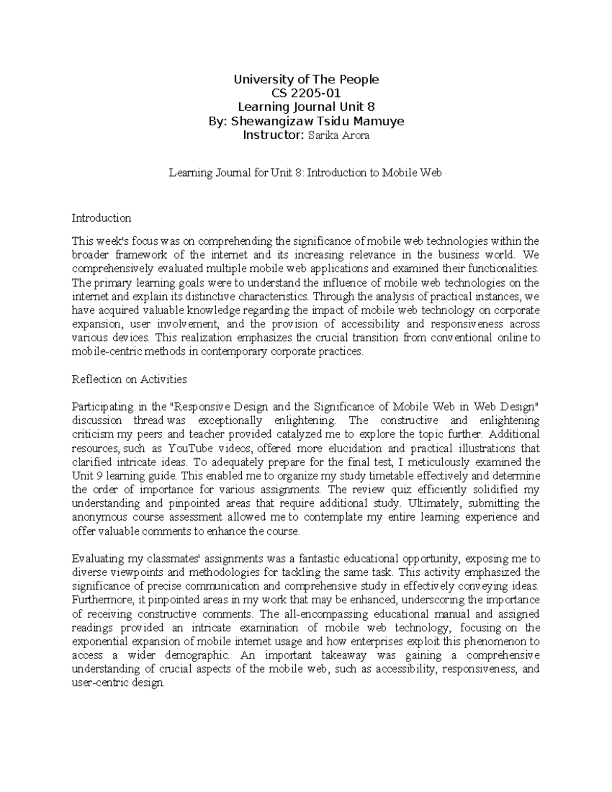 CS2205-01 Unit 8 Learning Journal on Mobile Web Technologies - Studocu