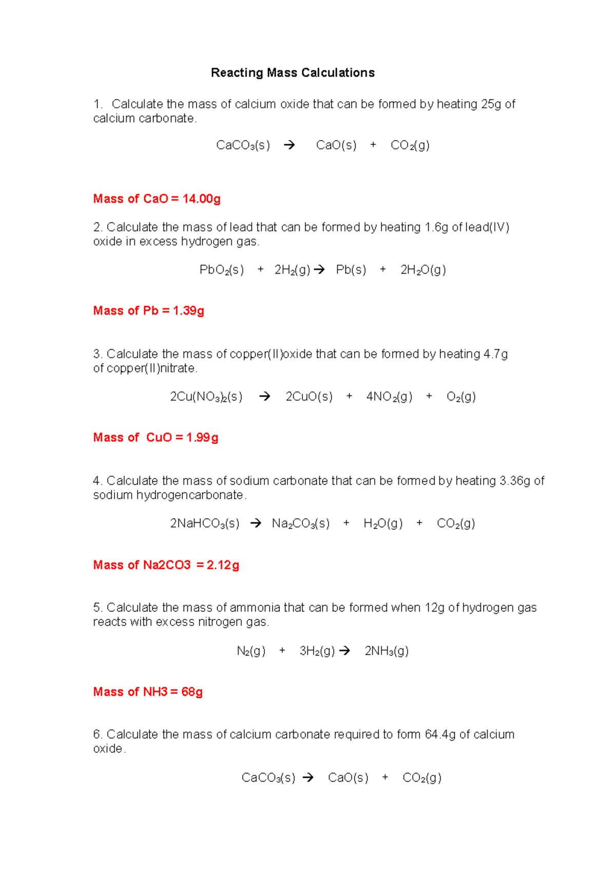 Mole Calculations - 03 - Reaction Mass Answers and Solutions - Studocu
