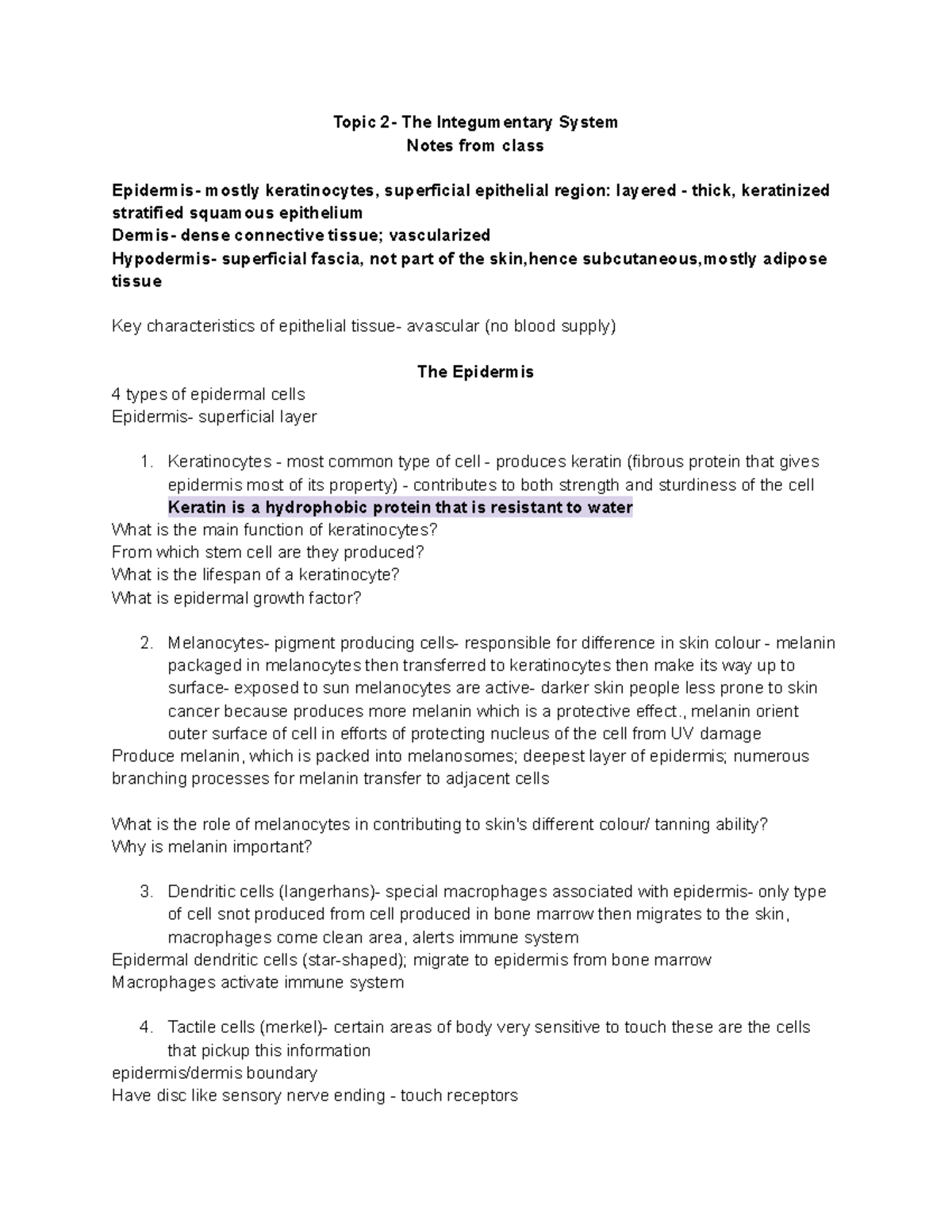 ANP 1106 - Topic 2 - Lecture Notes on The Integumentary System - Studocu