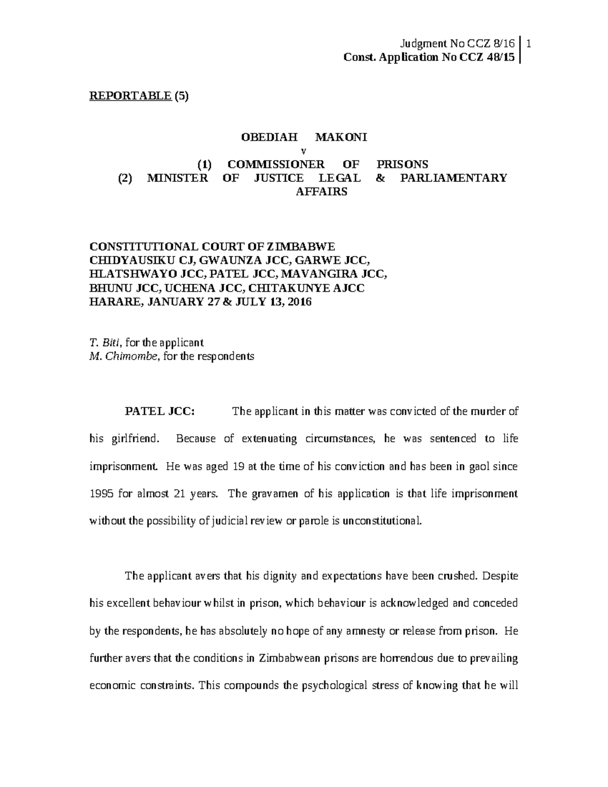 Makoni v Prisons Commissioner: Constitutional Application CCZ 8/2016 ...