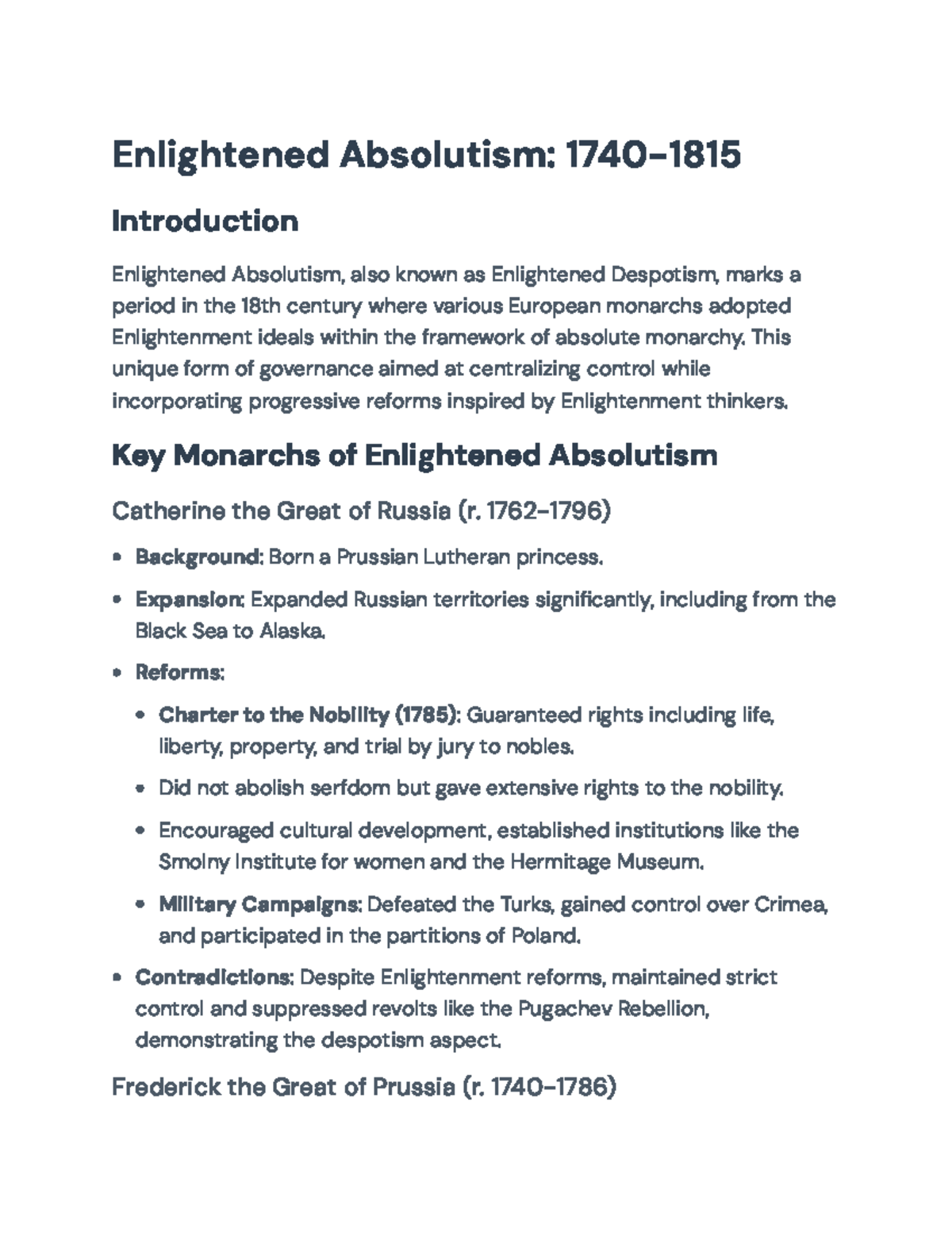 Enlightened Absolutism: Key Monarchs and Their Reforms (1740-1815 ...