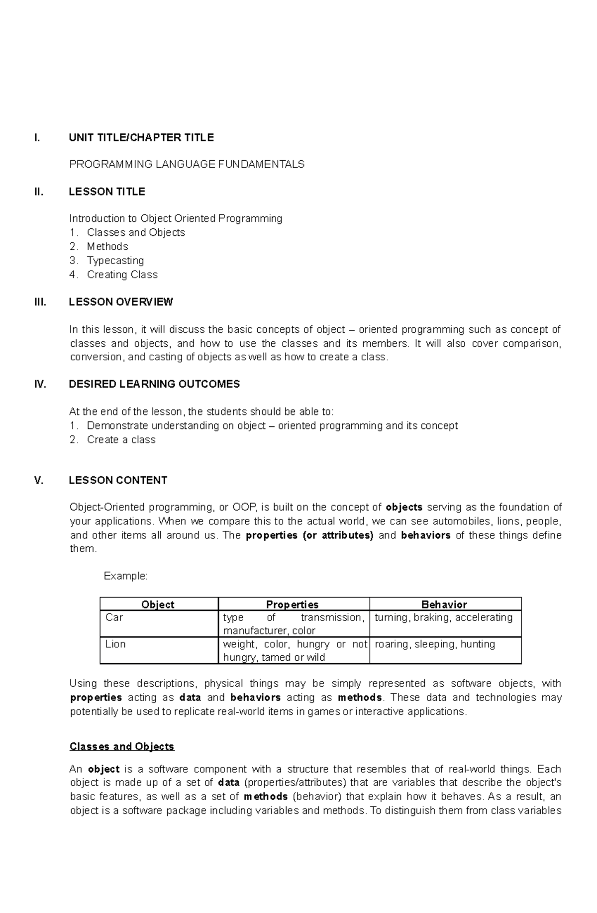 Introduction to Object Oriented Programming - I. UNIT TITLE/CHAPTER TITLE PROGRAMMING LANGUAGE ...
