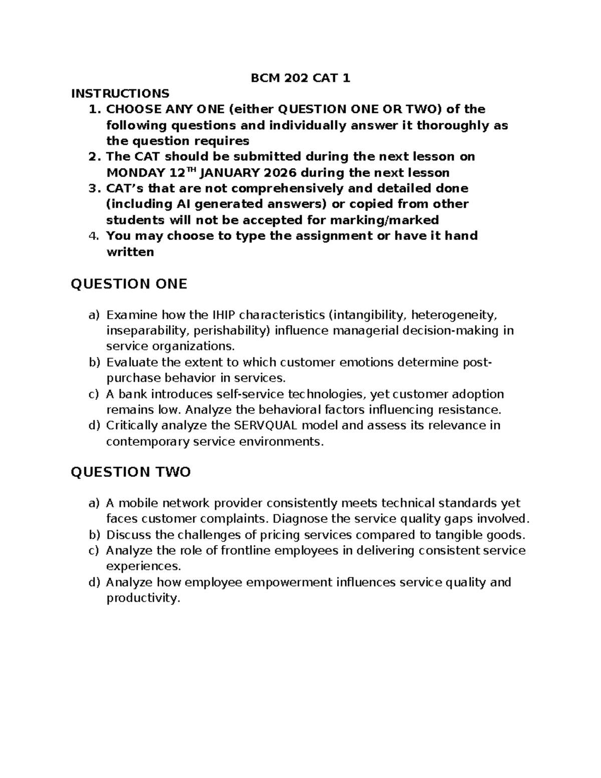 BCM 202 CAT 1 JAN 2025 - Comprehensive Lecture Notes on Service ...