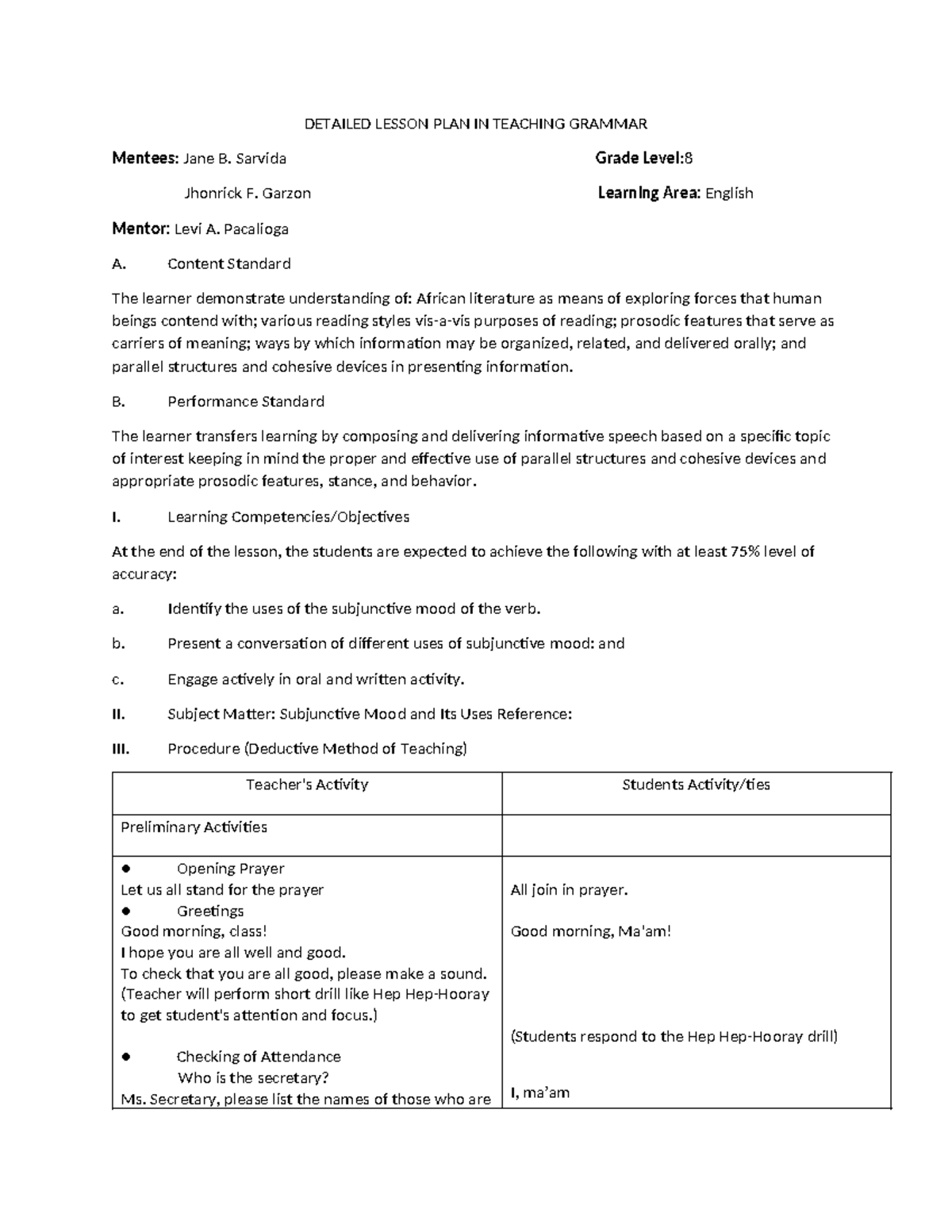 Effective Lesson Plan for Teaching the Subjunctive Mood in English ...