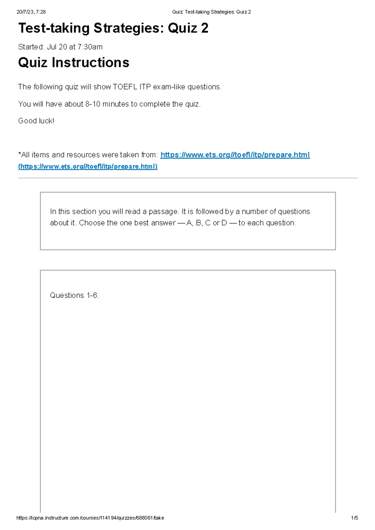 TOEFL ITP Quiz 2: Test-taking Strategies and Guidance - Studocu