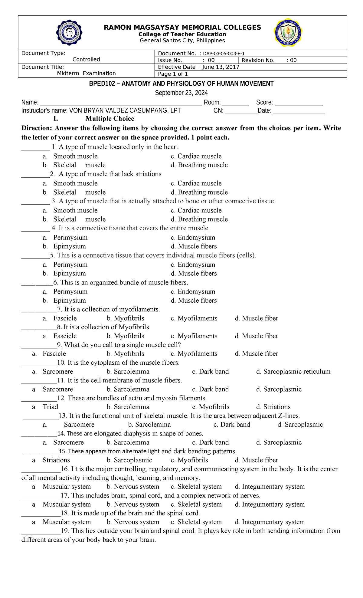 BPED102 Midterm EXAM - Lecture - BPED102 – ANATOMY AND PHYSIOLOGY OF HUMAN MOVEMENT September 23 ...