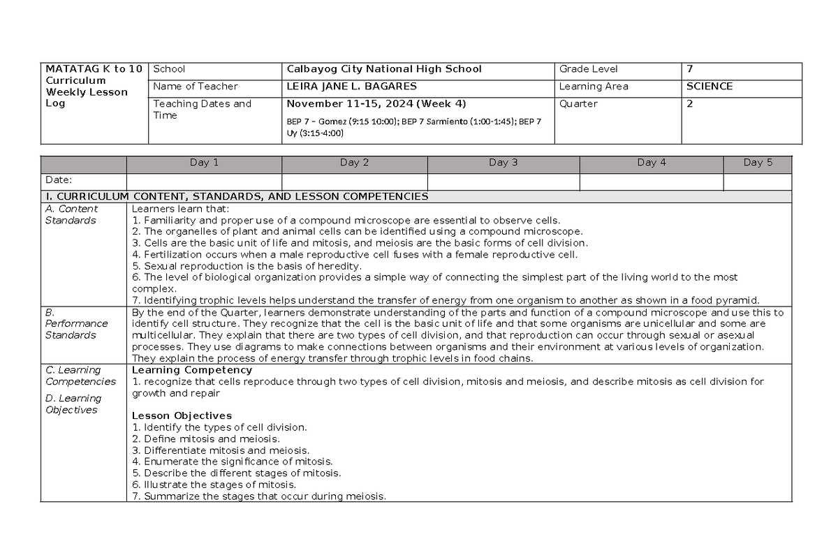 DLL G7 Science Q2 WEEK 4 - MATATAG K to 10 Curriculum Weekly Lesson Log School Calbayog City ...