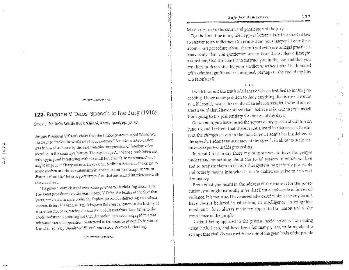 Debs' Speech to the Jury: A Defense of Free Speech and Democracy - Studocu