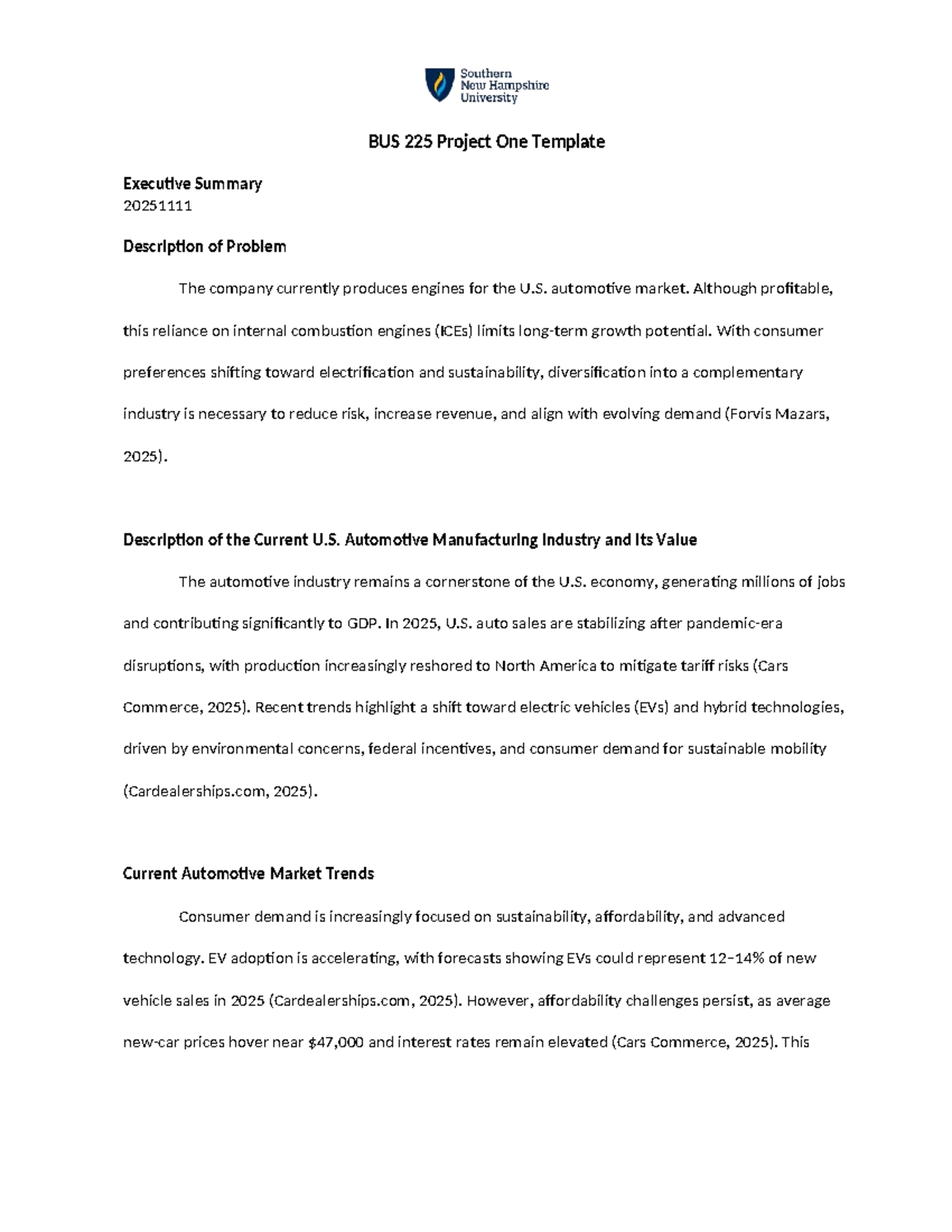 BUS 225 Project One: Executive Summary on Automotive Industry Trends ...