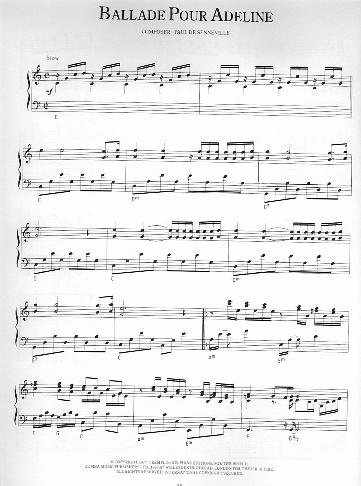 BALLADE POUR ADELINE - RICHARD CLAYDERMAN (SHEET MUSIC) - Studocu