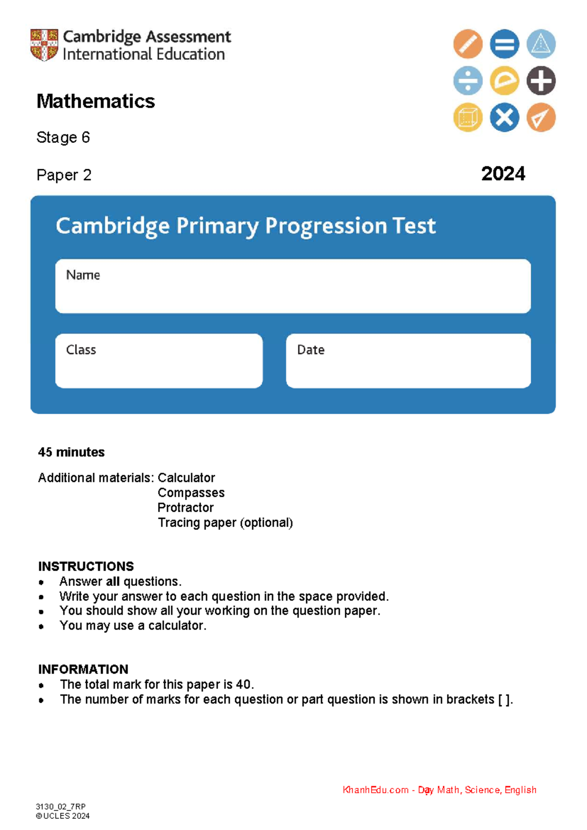 Mathematics Stage 6 Progression Test 2024 Paper 2 - Studocu