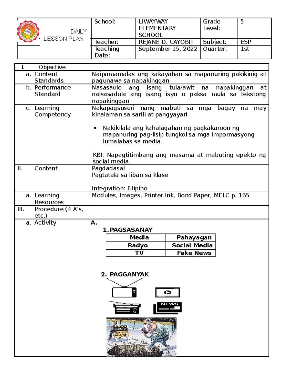 ESP Grade 6 - Week 1 Module 1: Daily Lesson Plan on Media Literacy ...