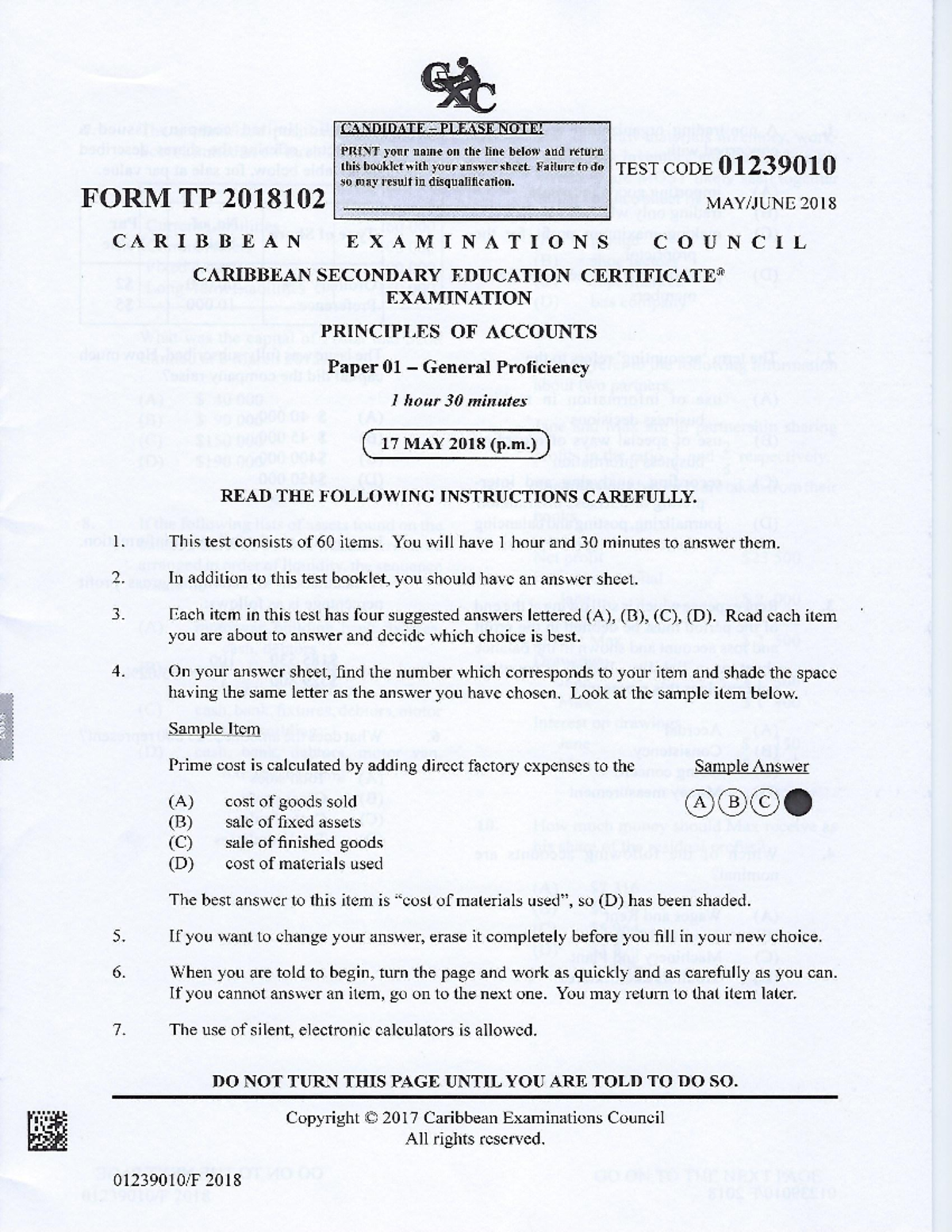CSEC Principles of Accounts P1 Exam Review 2018 - Studocu