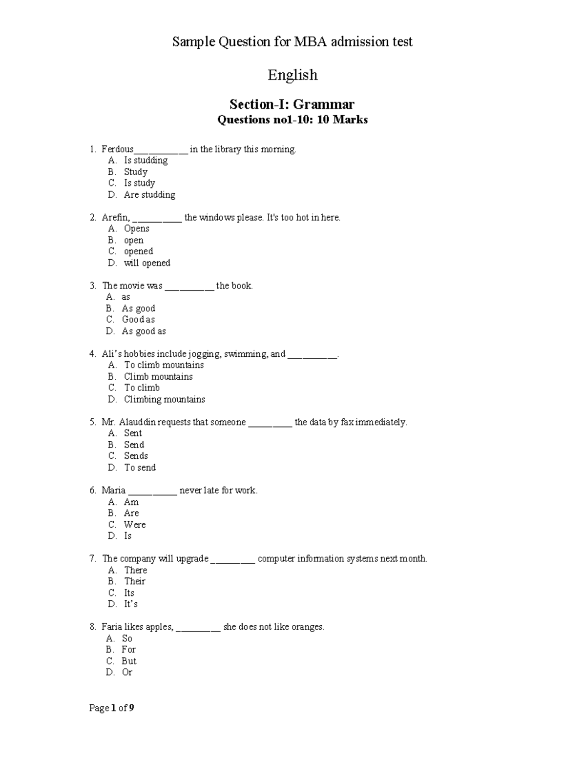 Sample question - English Section-I: Grammar Questions no1-10: 10 Marks ...