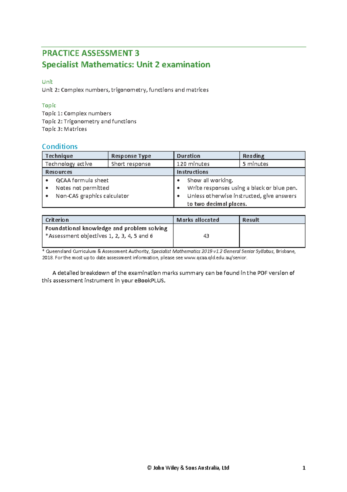 PRACTICE ASSESSMENT 3: Specialist Mathematics Unit 2 Exam on Complex ...