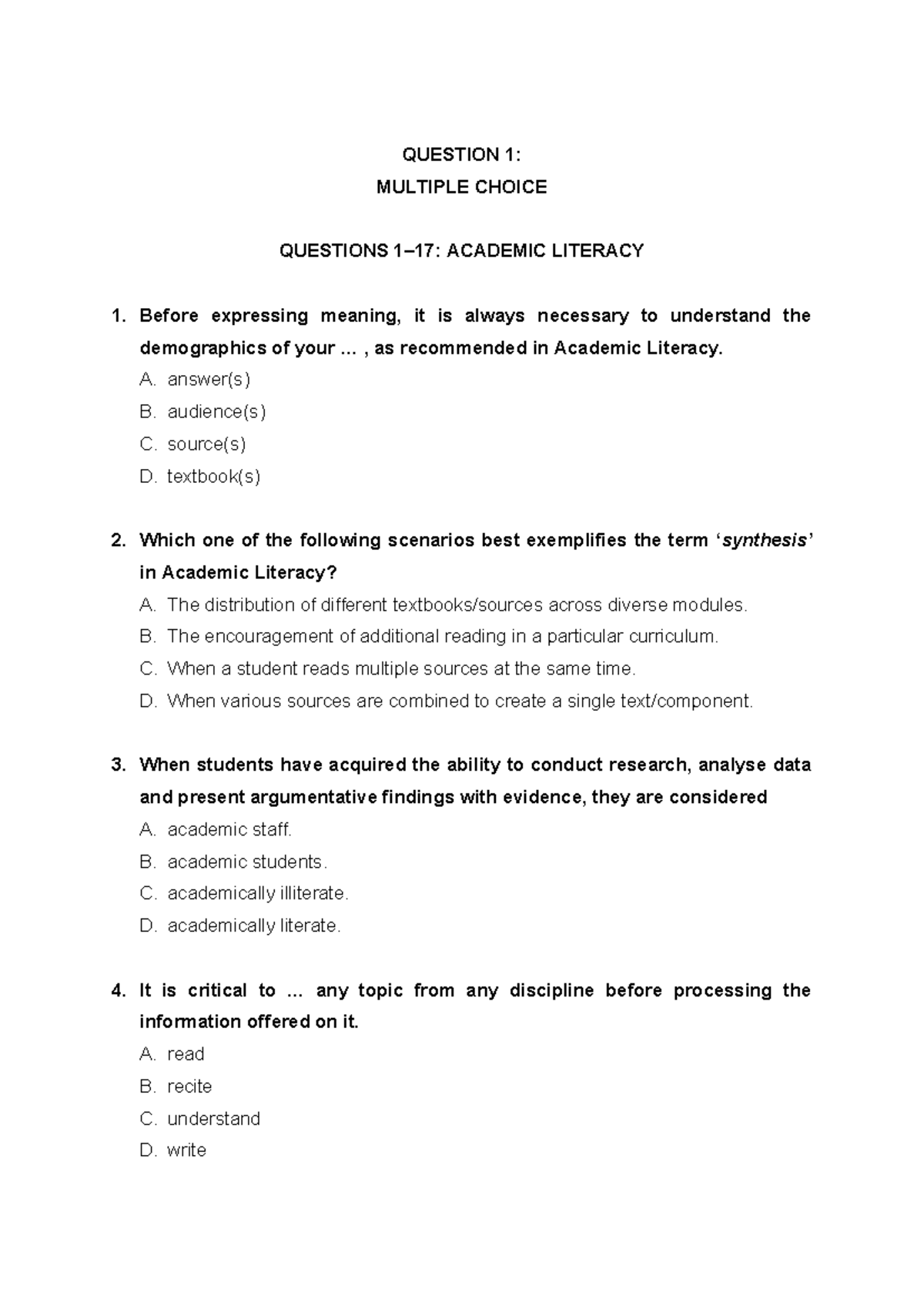 Test 1: Multiple Choice Questions on Academic Literacy - Studocu
