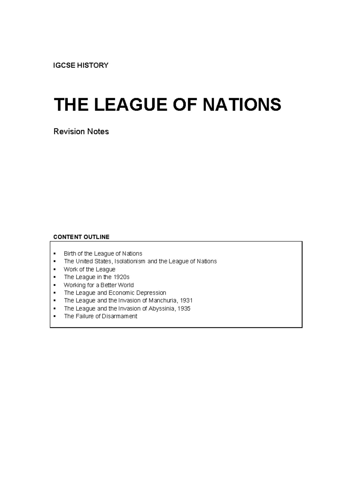 IGCSE History: League of Nations Revision Notes - Studocu