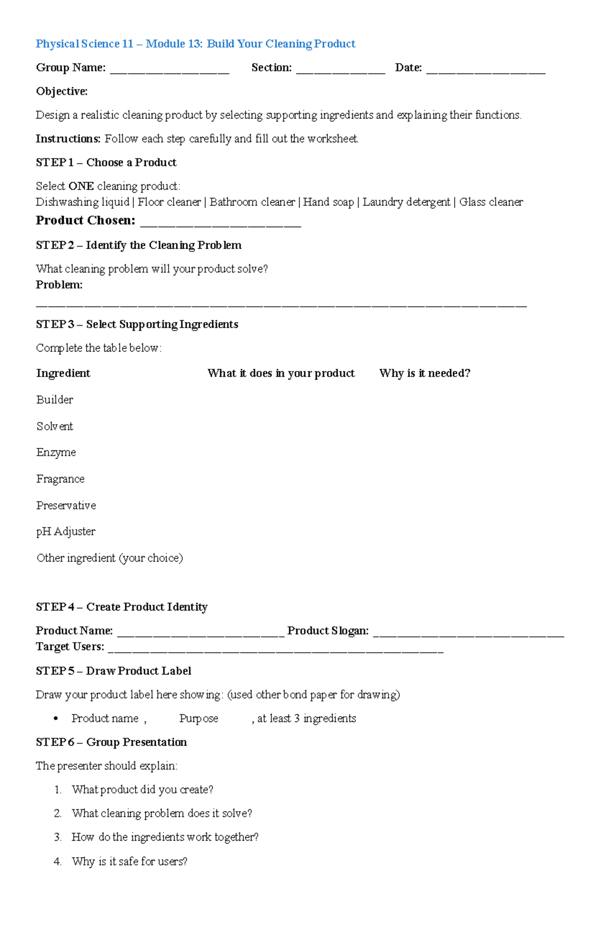 Physical Science 11: Module 13 - Group Activity on Cleaning Product ...