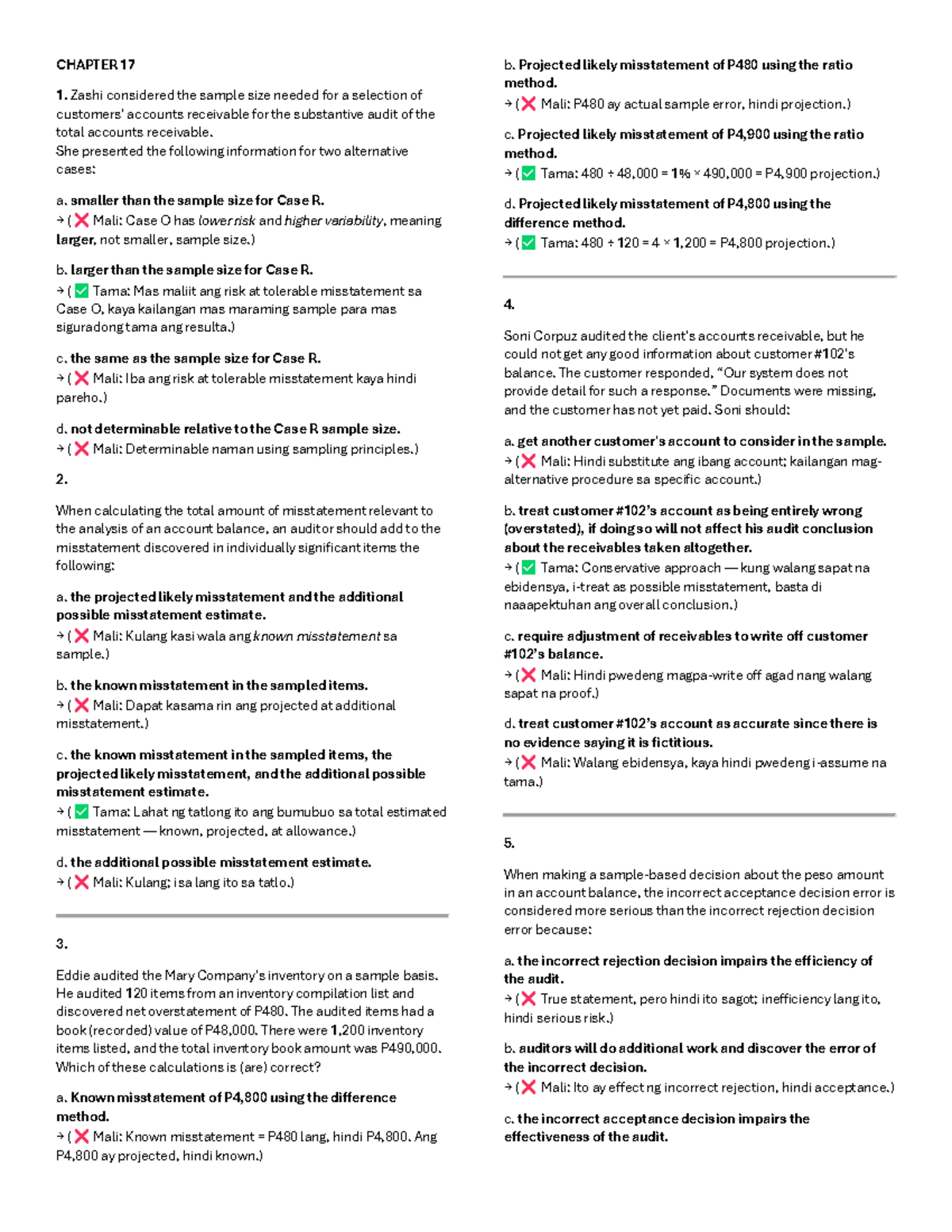 CHAPTER 17 & 18: Audit Sampling and Working Papers Review Notes - Studocu