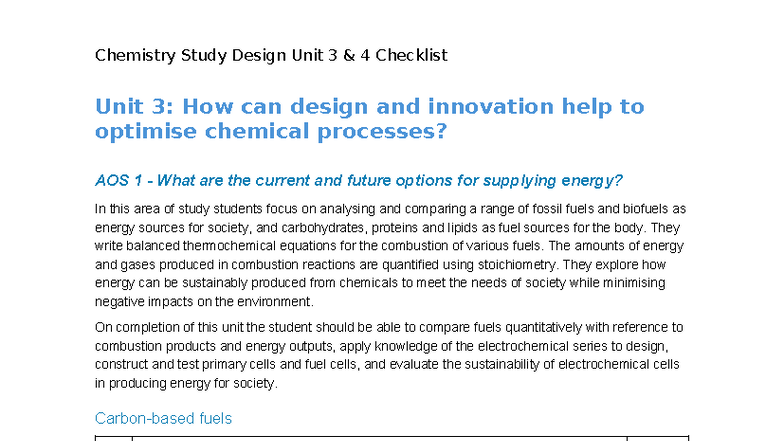Chemistry Study Design Unit 3 & 4: Comprehensive Checklist for AOS 1 ...