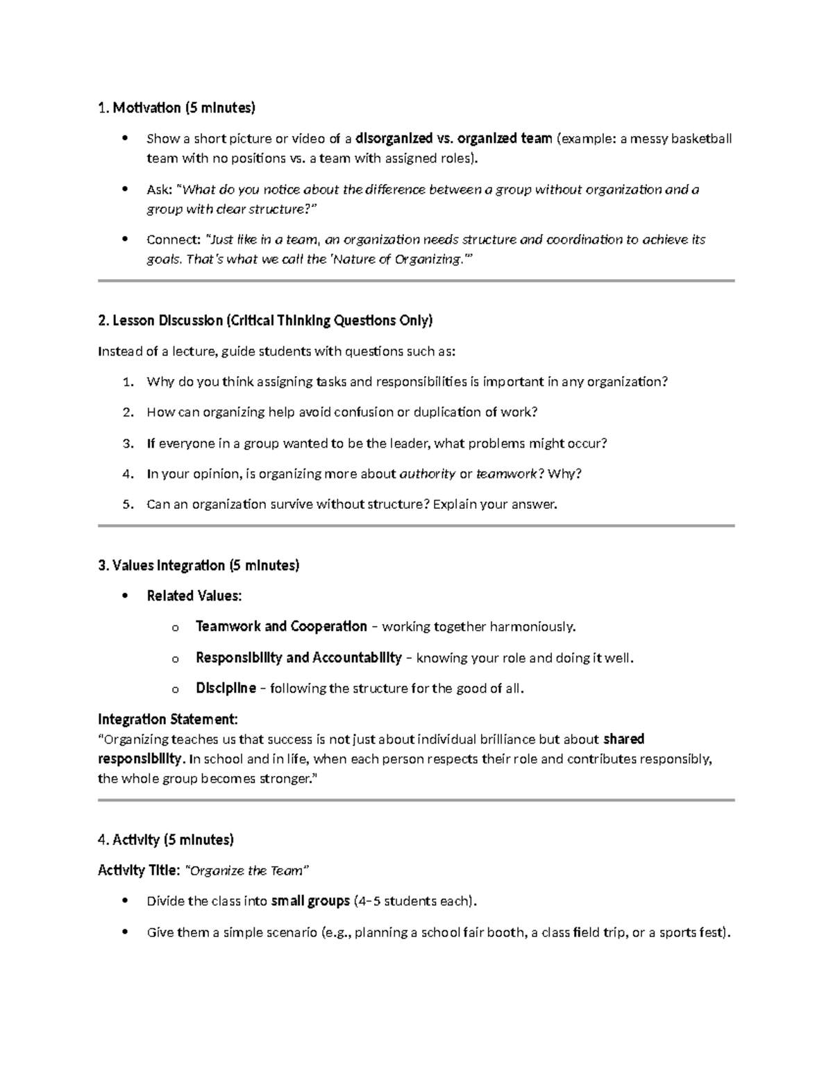 Organizational Skills Lesson Plan: Teamwork & Structure (1.5 hrs) - Studocu