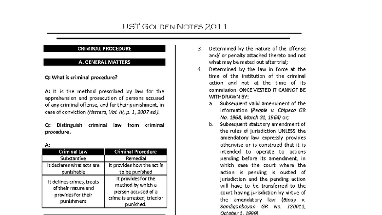 UST GOLDEN NOTES 2011: CRIMINAL PROCEDURE 3 - JURISDICTION AND ...