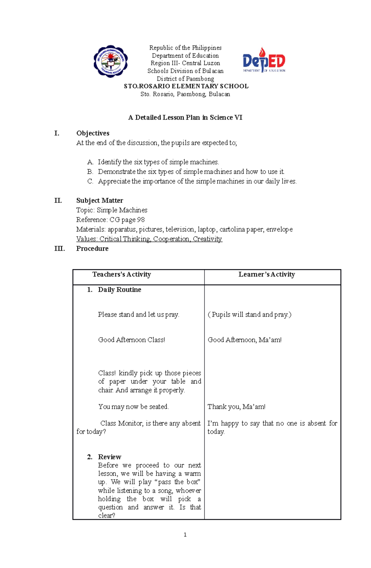 Detailed Lesson Plan for Science VI: Understanding Simple Machines ...