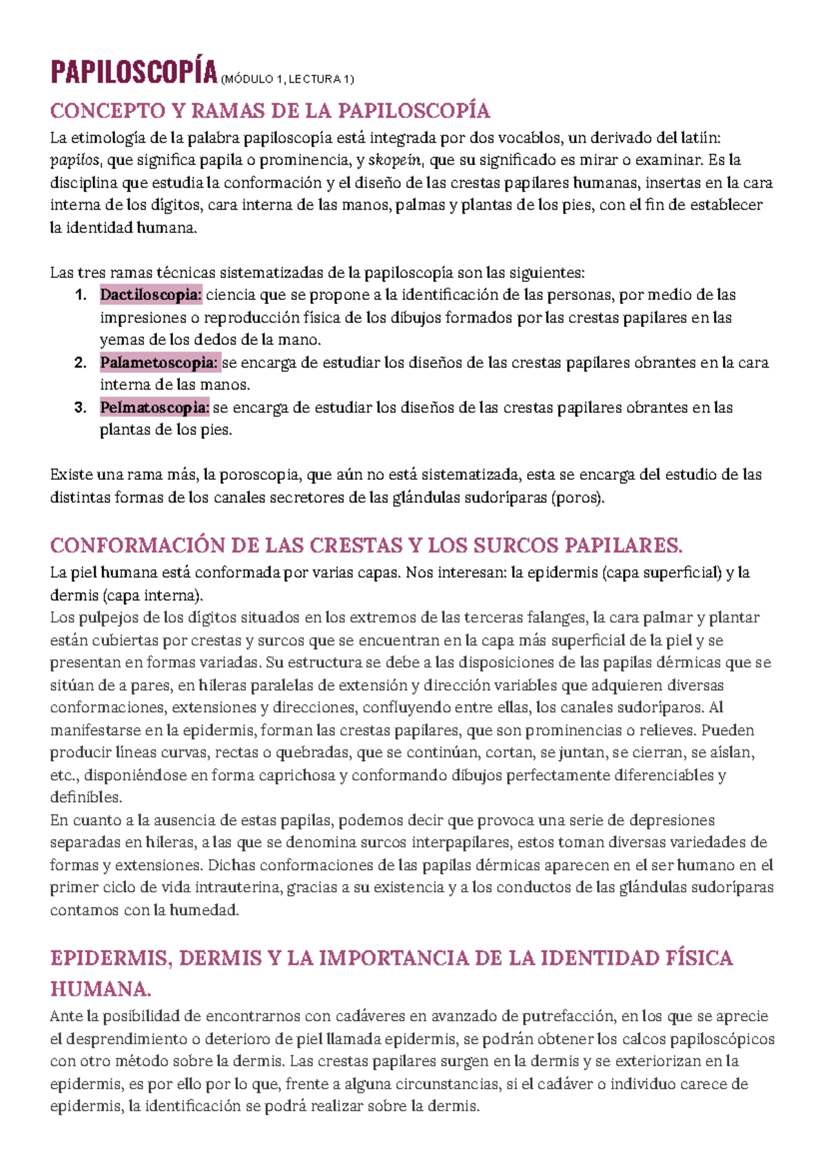 Papiloscopia: Introducción y Dactiloscopia (Módulo 1) - Studocu