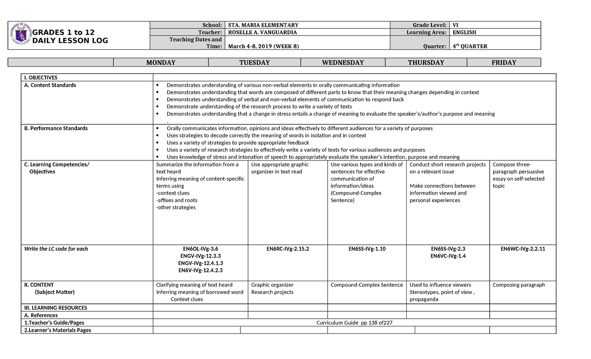 DLL English-6 Q4 W8: Daily Lesson Log for Week 8 - Studocu