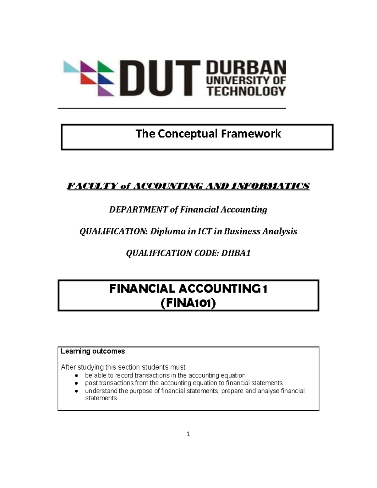 FINA101 Lecture Notes: The Conceptual Framework - Studocu