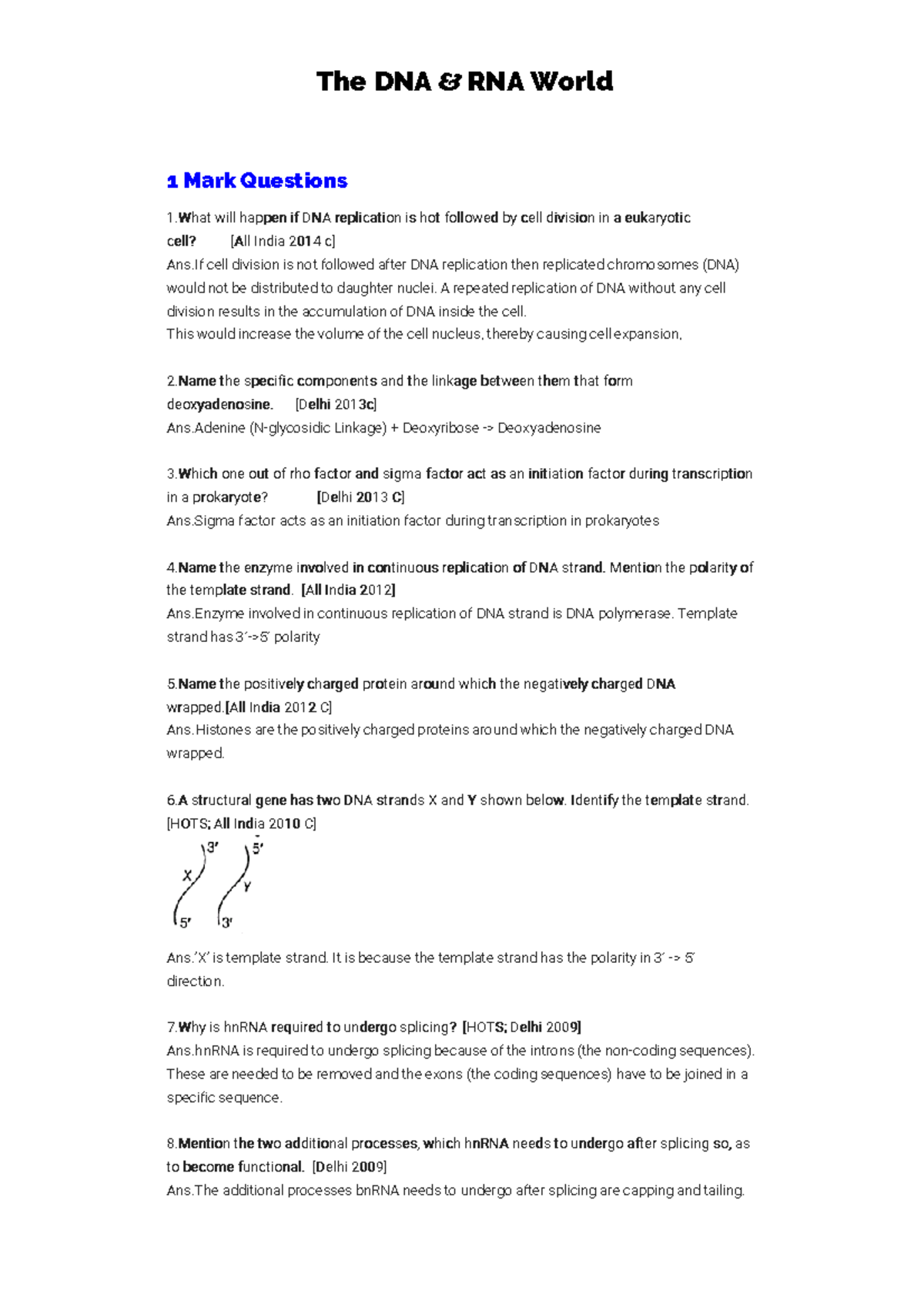 The DNA and RNA World: PYQs for Exam Preparation - Studocu
