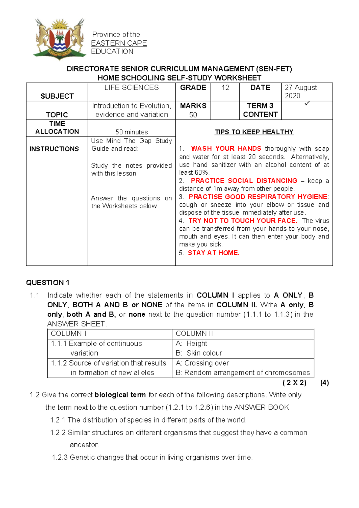 00 Life Sciences Grade 12 Worksheet - Introduction to Evolution ...