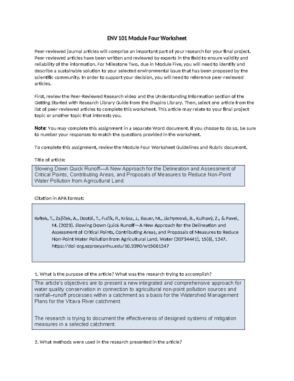 ENV 101 Module Four Worksheet: Peer-Reviewed Article Analysis - Studocu