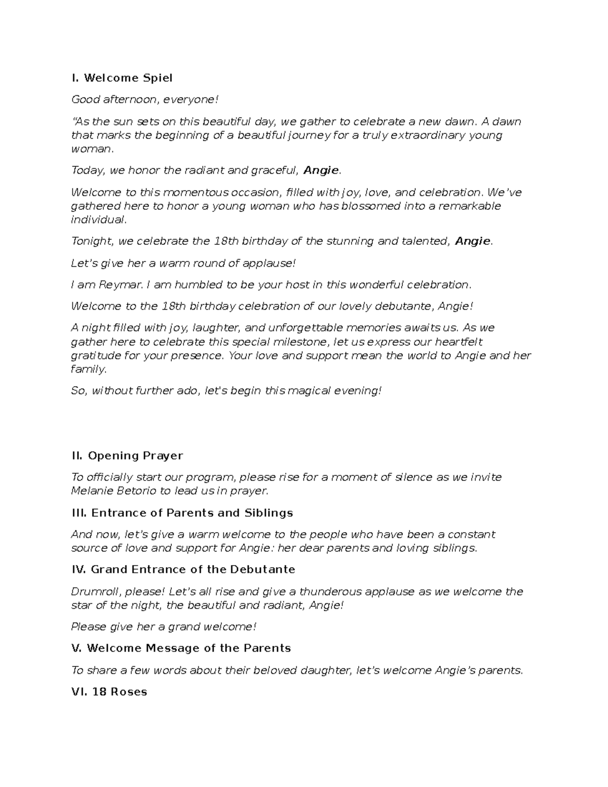 Script for Angie's 18th Birthday Debut Celebration - Studocu