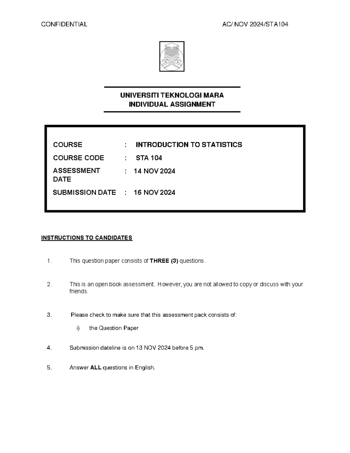 STA 104: Individual Assignment on Statistics Variables & Sampling Methods - Studocu