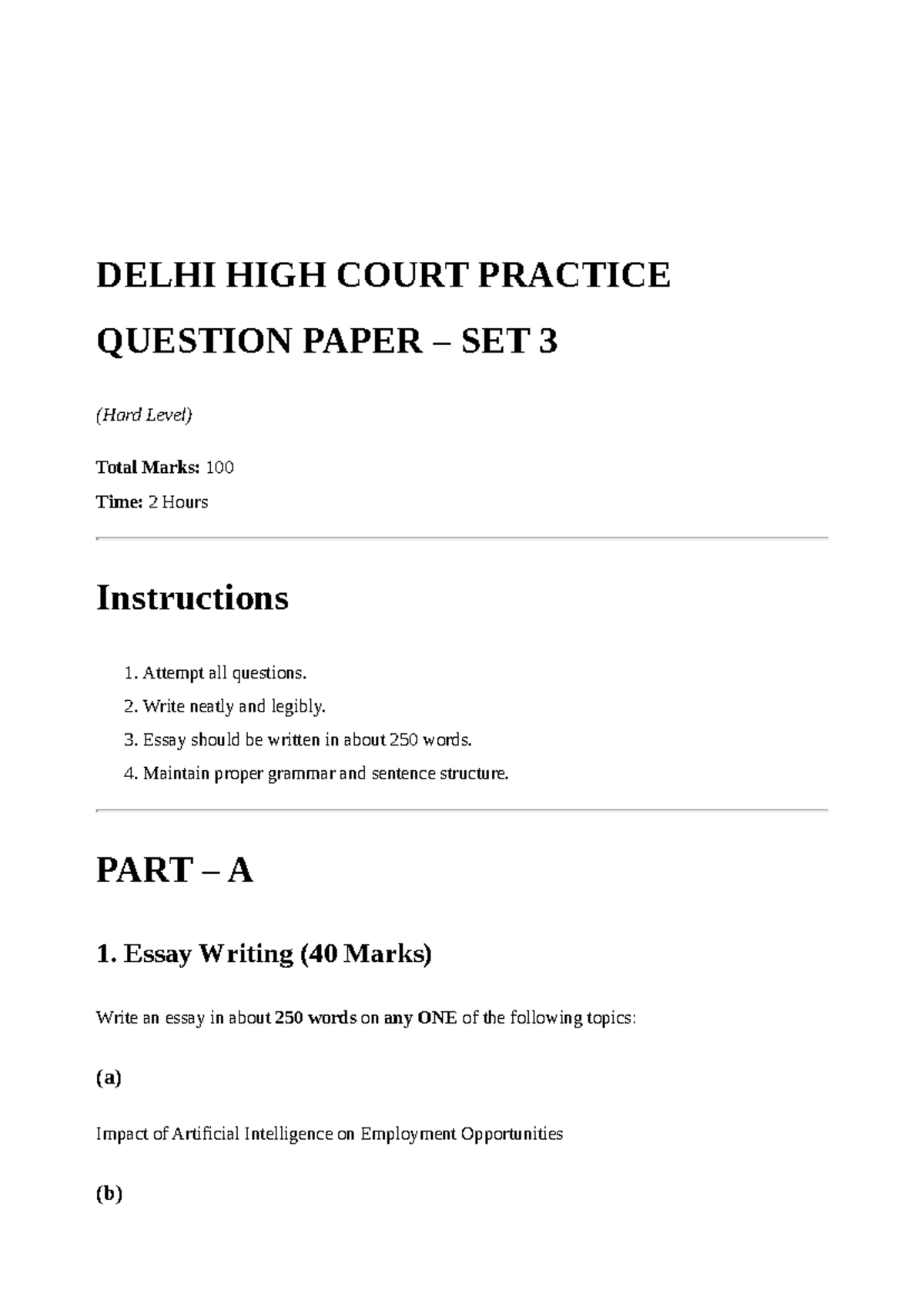 DELHI HIGH COURT PRACTICE QUESTION PAPER SET 3 (Hard Level) - Studocu